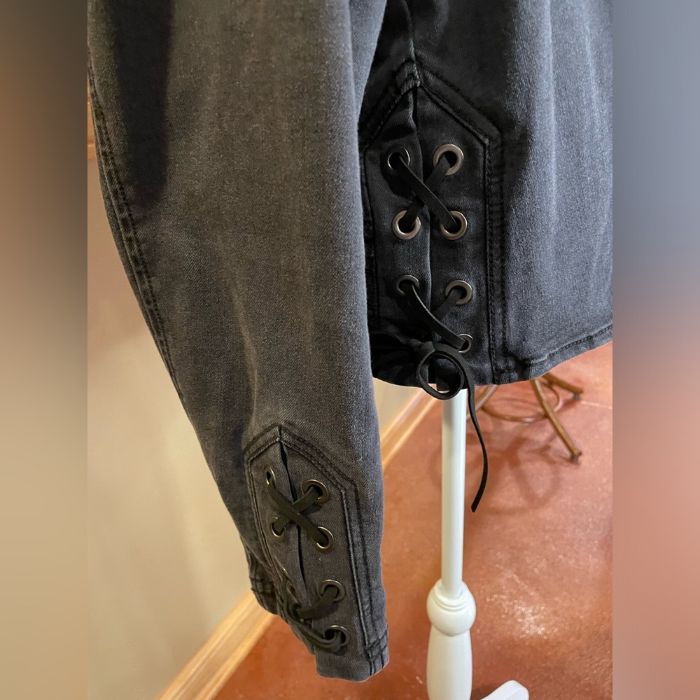 Black Denim Motto Jacket W/ Lacing Detail - Gem